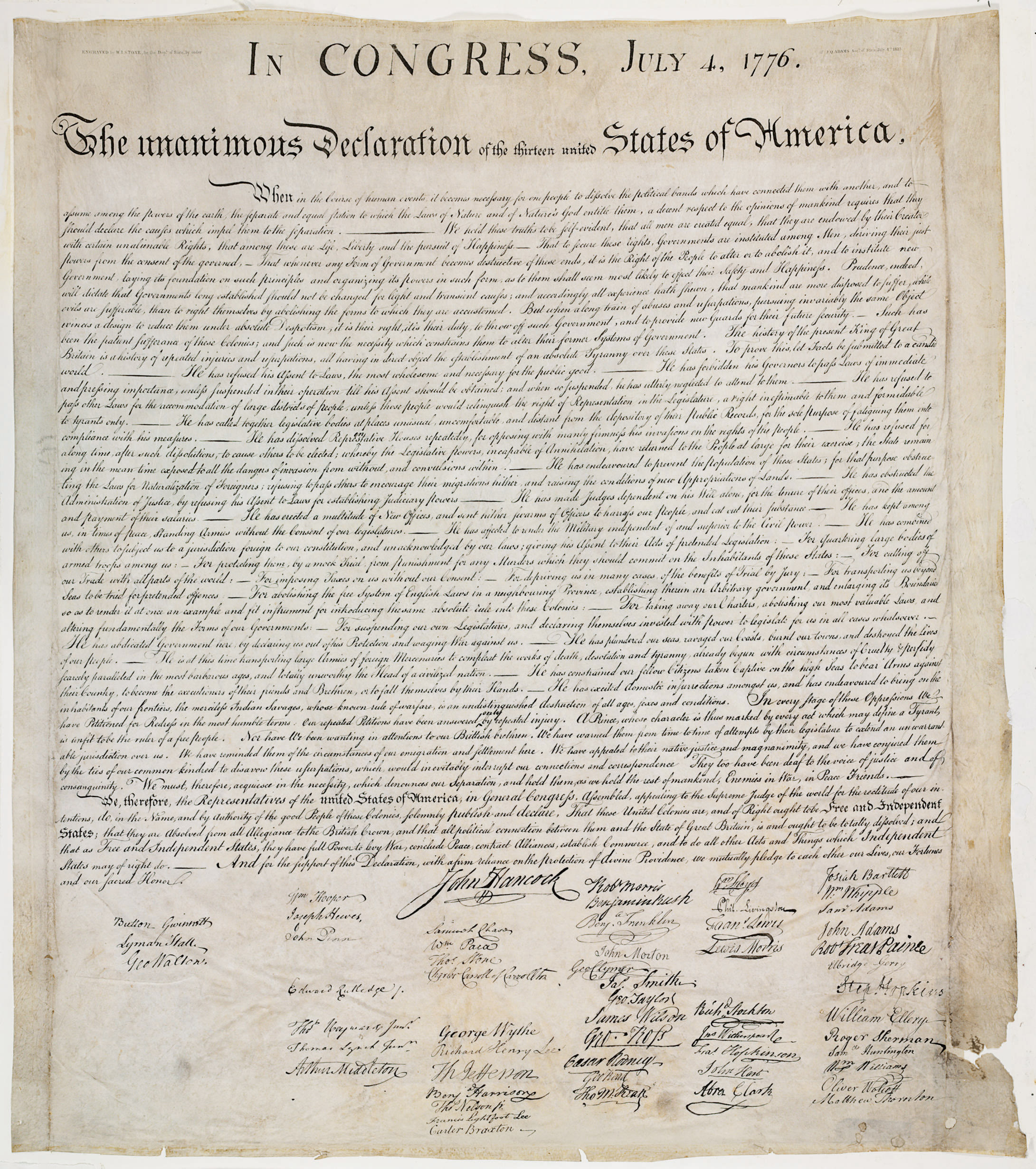 [DECLARATION OF INDEPENDENCE]. In Congress, July 4, 1776. The Unanimous ...